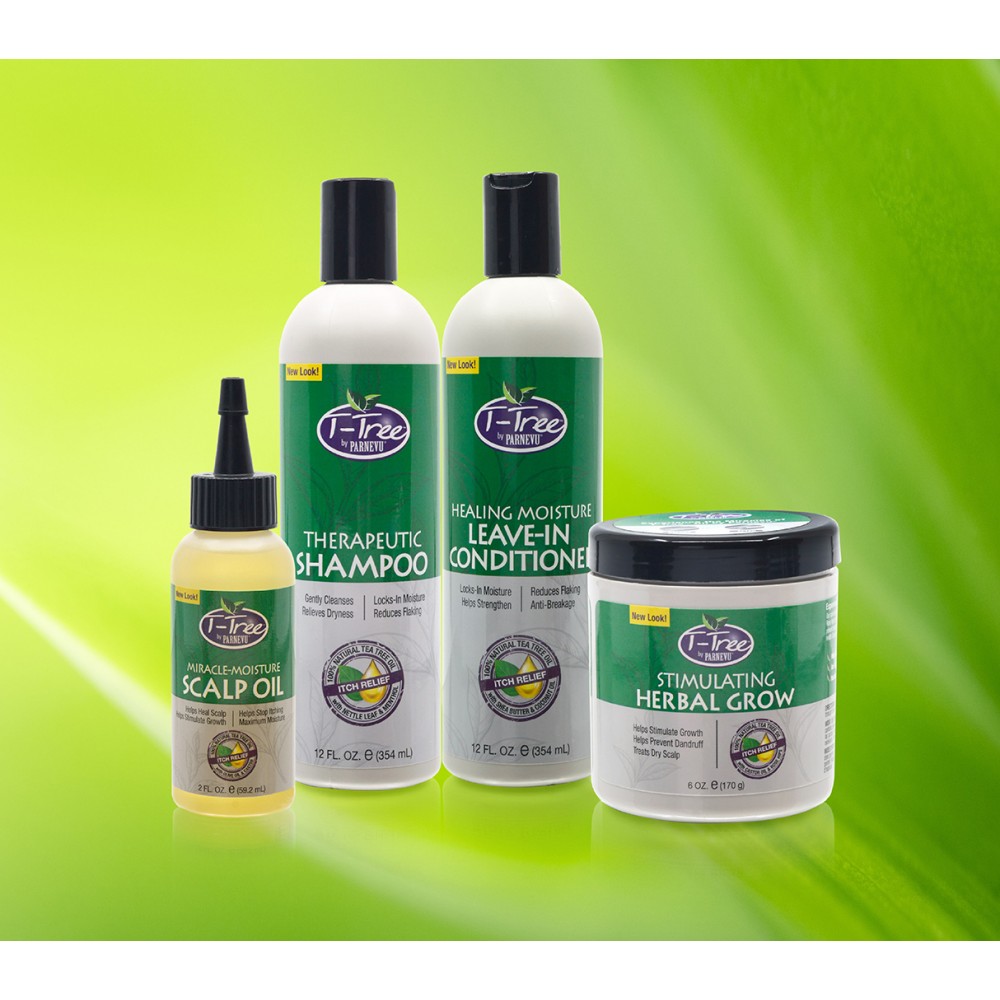 Parnevu T-Tree: Leave In-Conditioner, Scalp Oil, Therapeutic Shampoo and Stimulating Herbal Grow.